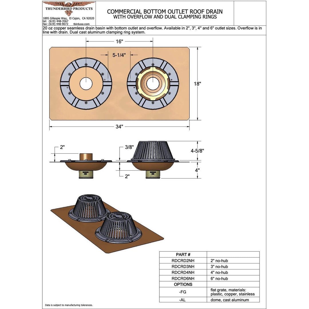 Commercial Bottom Outlet Roof Drain with Overflow | Thunderbird Products