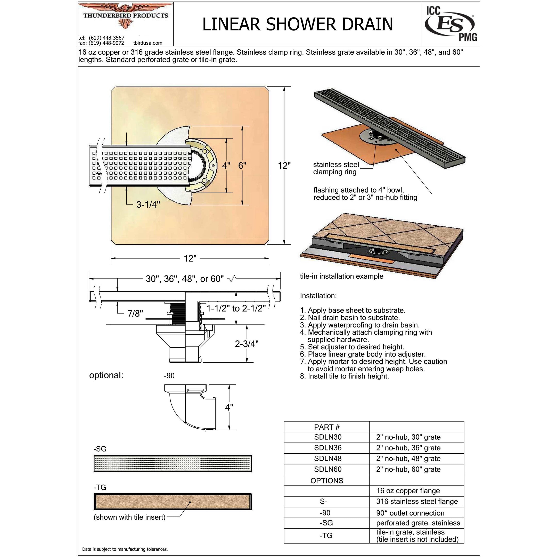 Linear Shower Drain with Copper Drain Body | Thunderbird Products