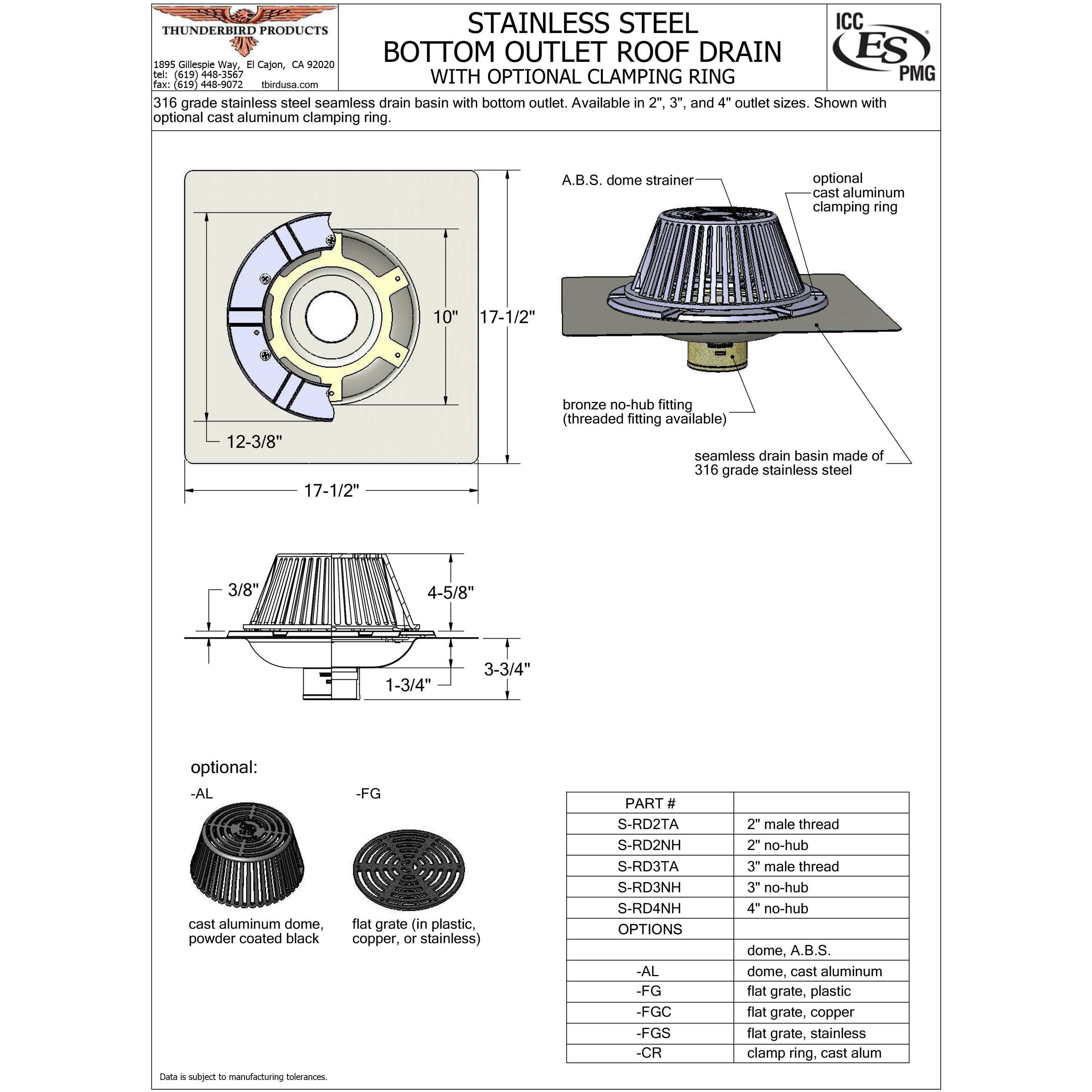 Stainless Steel Bottom Outlet Roof Drain | Thunderbird Products