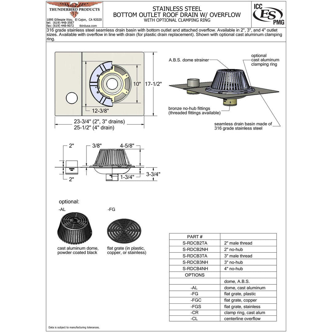 Stainless Steel Bottom Outlet Roof Drain with Overflow | Thunderbird ...