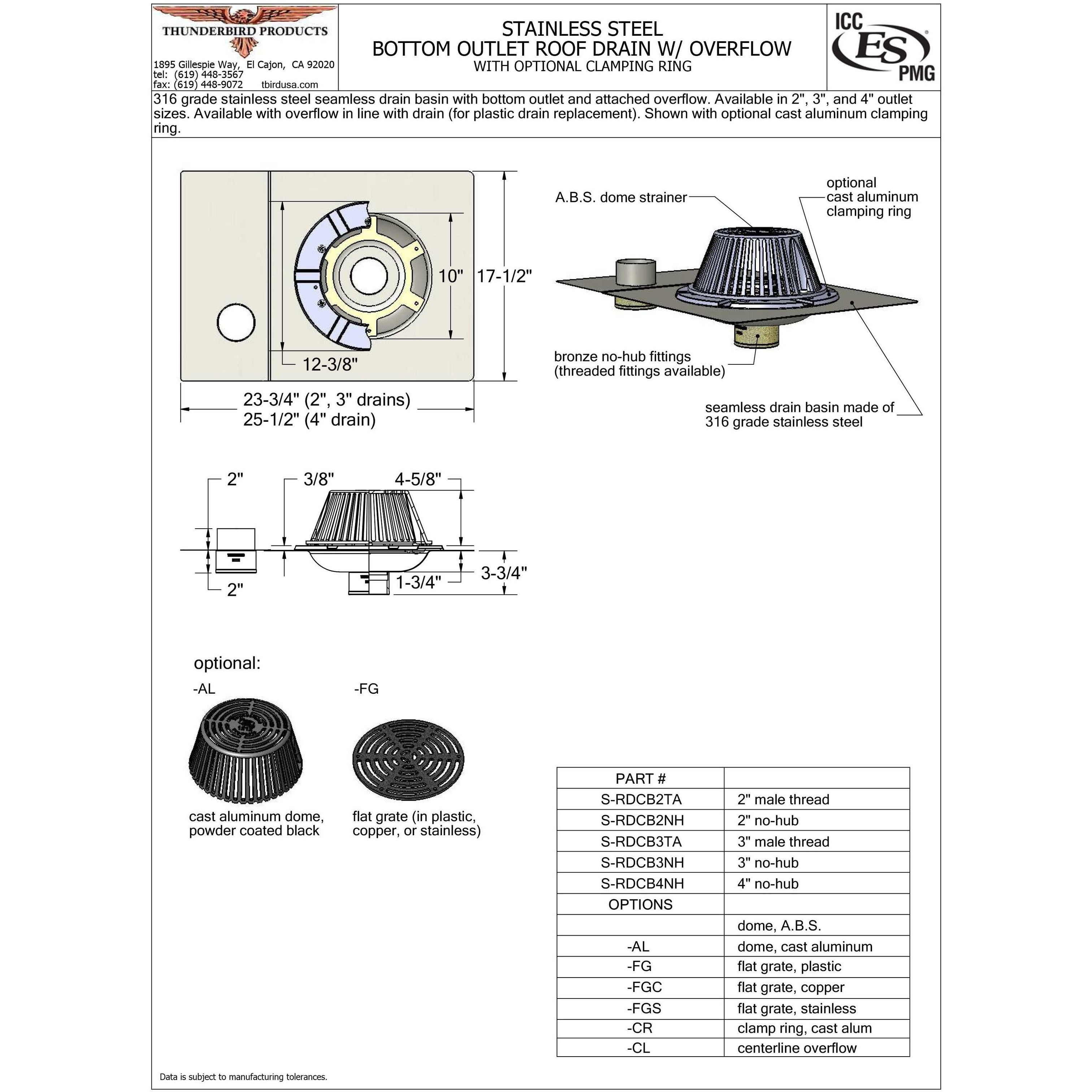 Stainless Steel Bottom Outlet Roof Drain with Overflow | Thunderbird ...