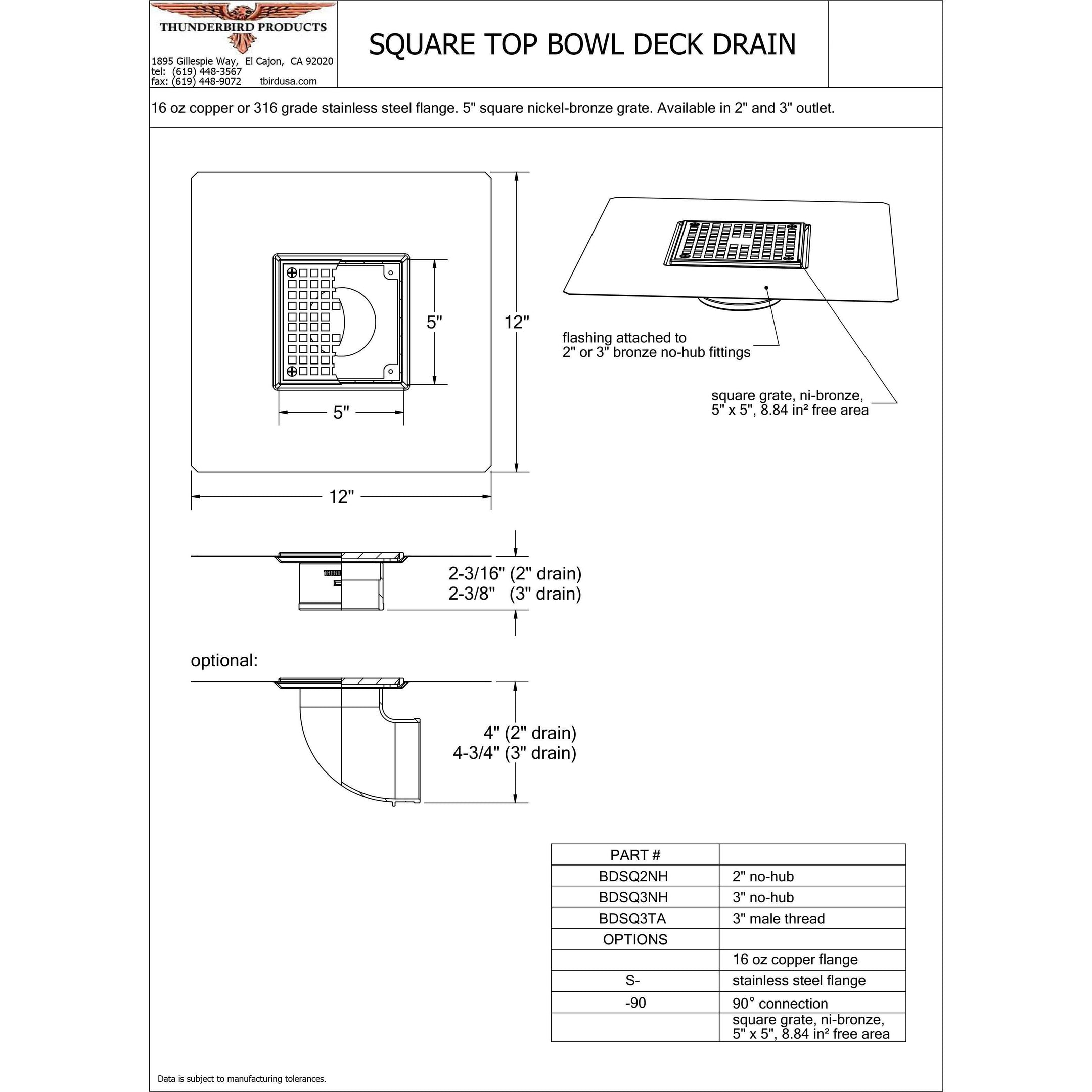 Stainless Steel Square Top Bowl Deck Drain | Thunderbird Products