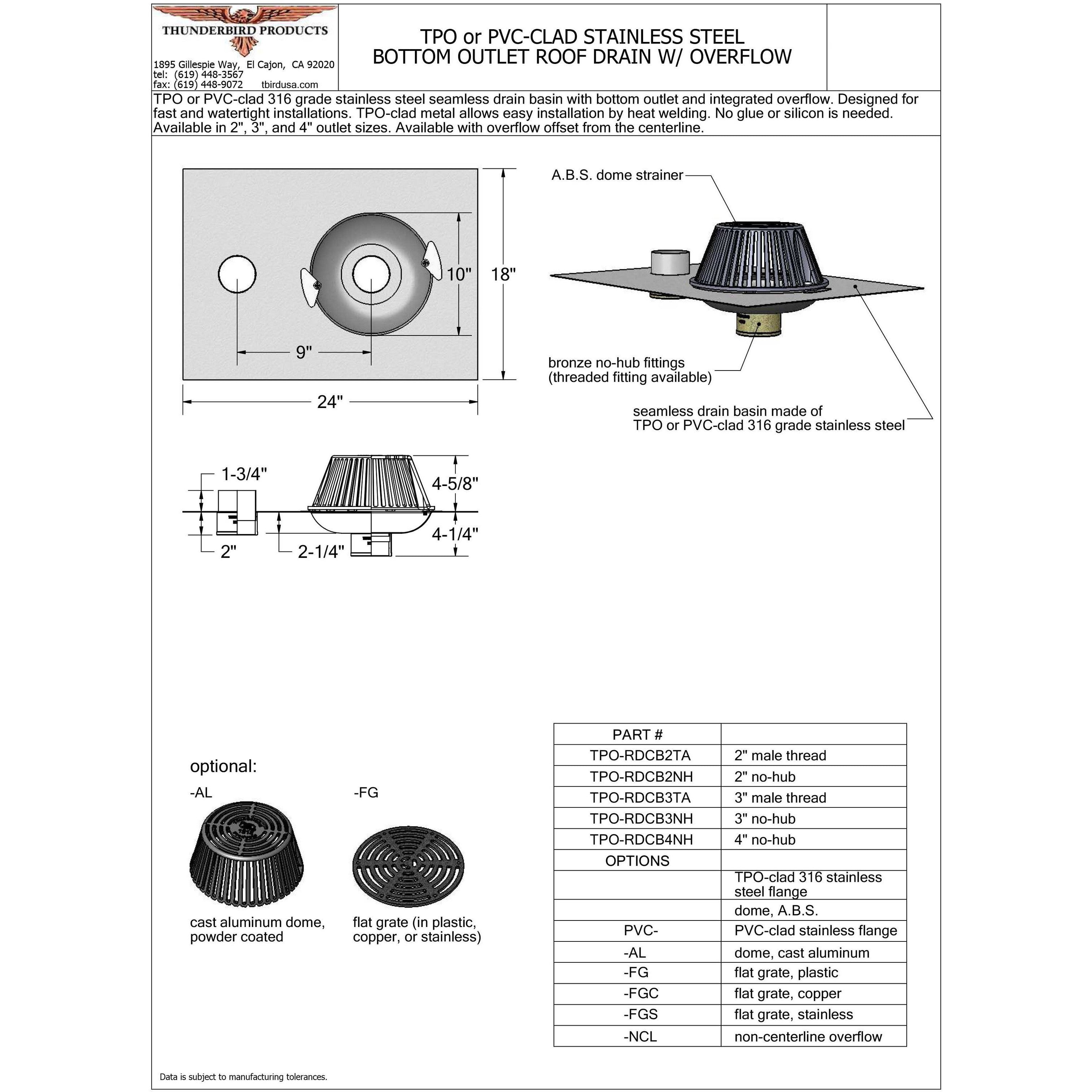 TPO/PVC Roof Drains with Overflow | Thunderbird Products